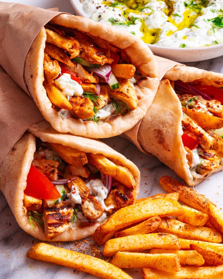 Vegan Gyros with Tzatziki and Crispy Fries - School Night Vegan