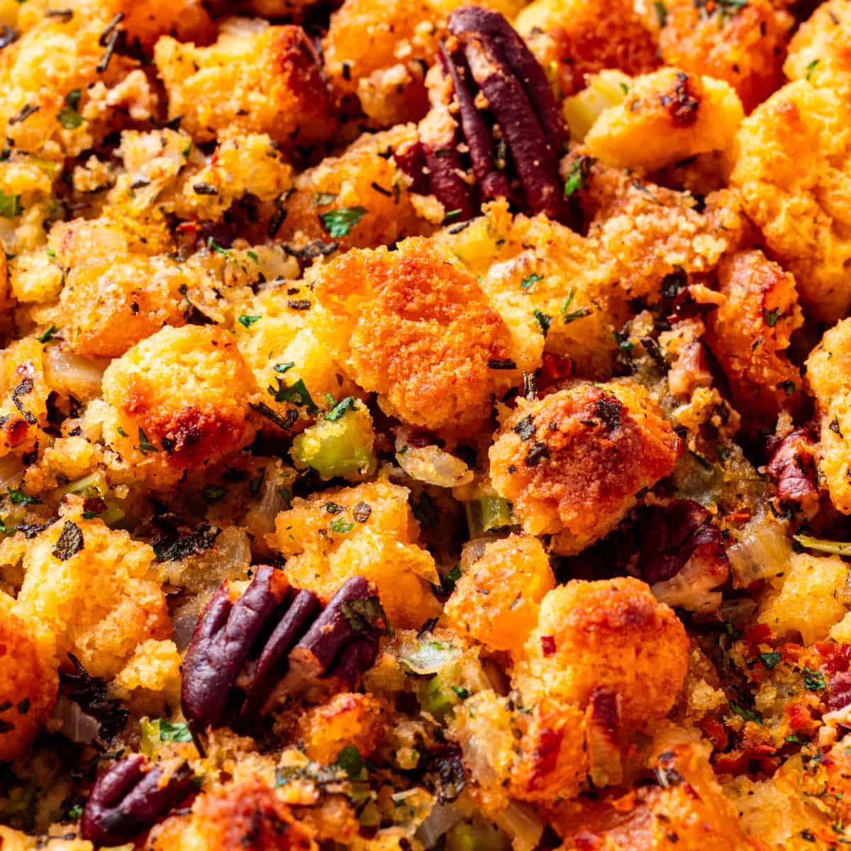 Easy Vegan Cornbread Stuffing with Apricots & Pecans - School Night Vegan